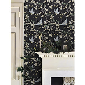 Micpolo Peel and Stick Wallpaper Black Floral Contact Paper Flowers and Birds Wall Paper Self Adhesive and Removable 16.1"x78"