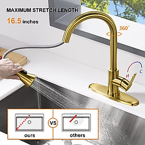 AMAZING FORCE Gold Kitchen Faucet Modern Pull Out Kitchen Faucets Stainless Steel Single Handle Kitchen Sink Faucet with Pull Down Sprayer 3 Hole Kitchen Faucet Mixer Tap 1.8 GPM