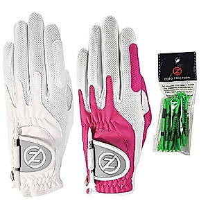Zero Friction Ladies Compression-Fit Synthetic Golf Glove (2 Pack with free pack of tees), Universal Fit One Size, White/Pink