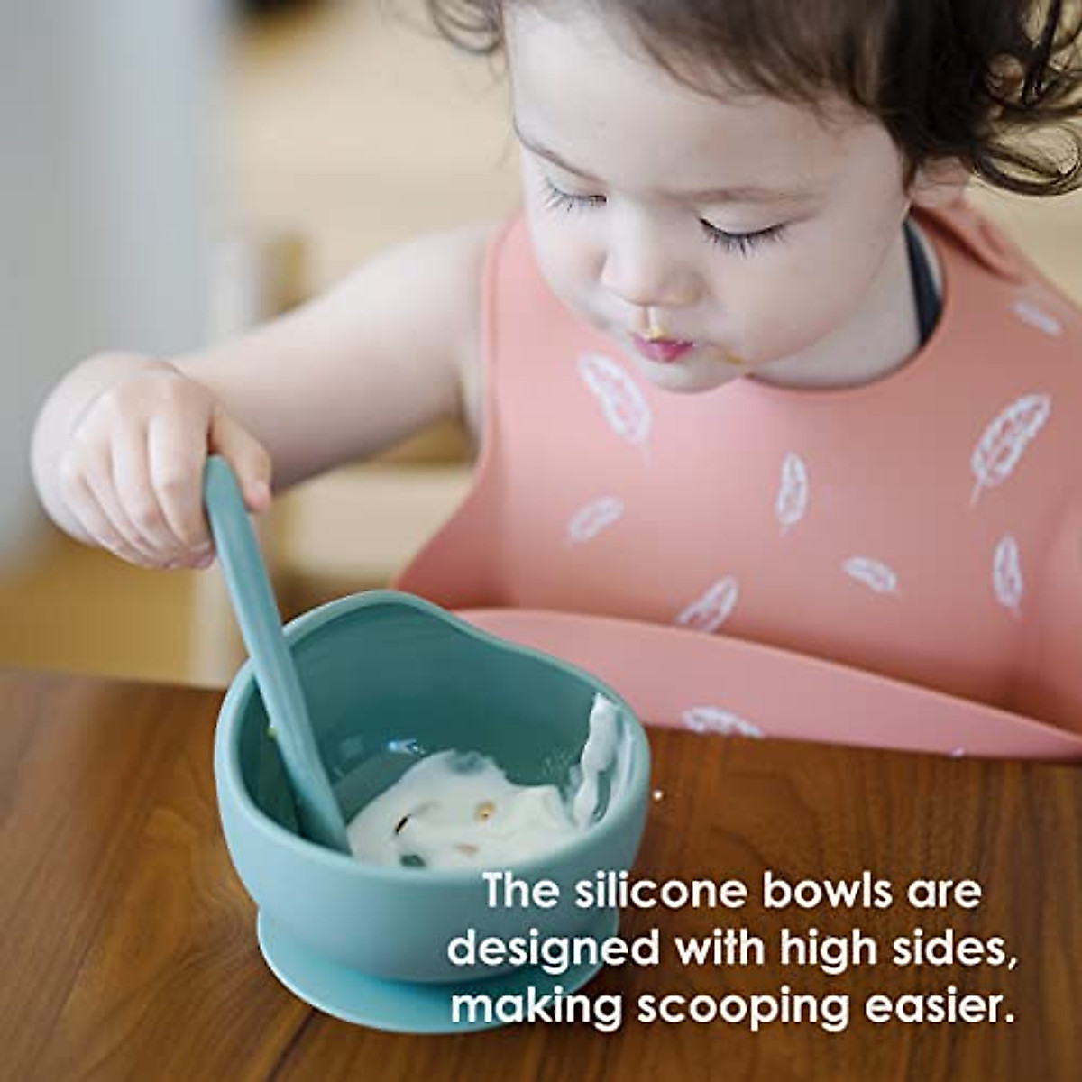 ROCCED Silicone Baby Feeding Set Baby Led Weaning Supplies Toddler Dish Set First Stage Solid Food Eating Utensil, Suction Plates with Spoons Baby Suction Bowls Bibs Cups Placemat- 6M+ Sage