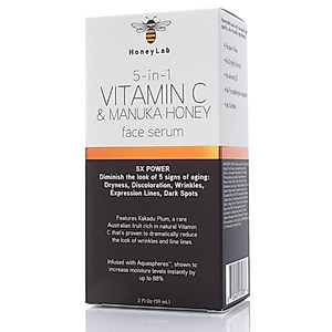 HoneyLab Vitamin C Face Serum with Hyaluronic Acid, Manuka Honey and peptides. Anti-aging serum contains Marine extracts that soften the look of dark spots, wrinkles and fine lines. 2oz bottle.