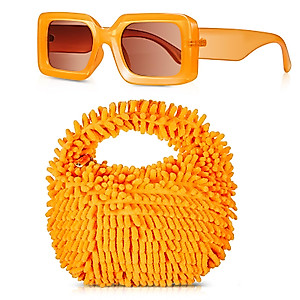 Abbylike Y2k Fuzzy Orange Purse and Orange Sunglasses for Women Cute Plush Fluffy Tote Bag Square Retro Sunglasses Fuzzy Purse for Women Christmas Thanksgiving Gift