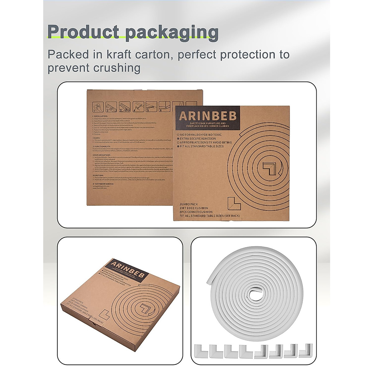 Arinbeb Foam Corner Protector Edge and Corner Guard, with 19 feet Length Foam Safety Bumpers, Baby Proofing Safety Table Corner Protectors - White