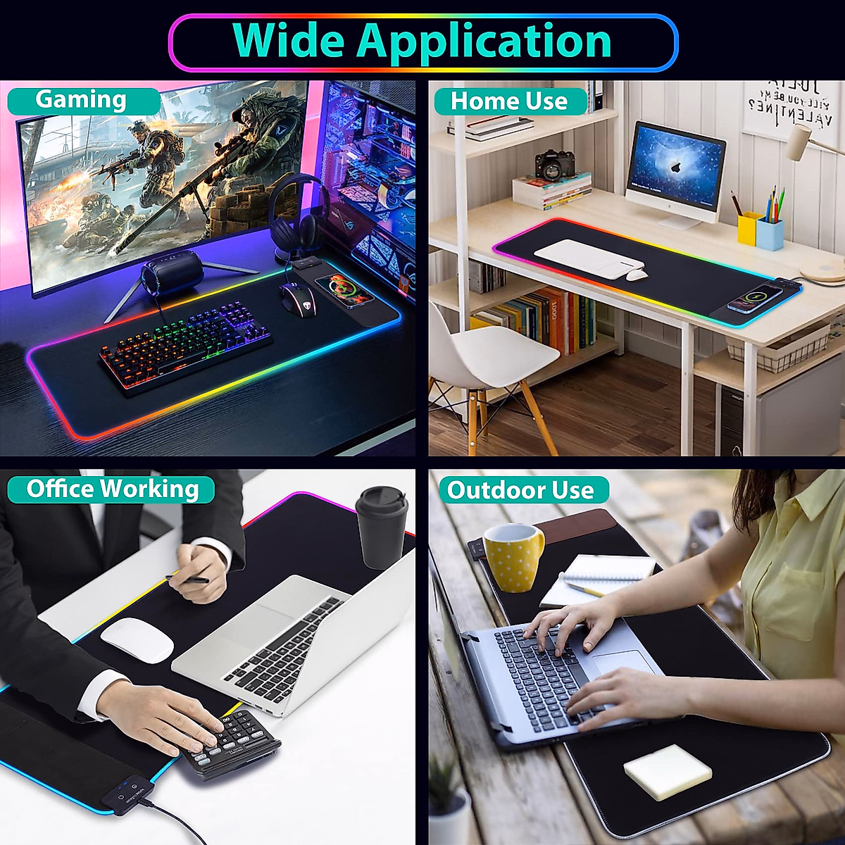 RGB Gaming Mouse Pad with Wireless Charging 10W, 31.5"x11.8" X-Large Desk Mat Protector, [9 Light Modes] [Light Switch] [Non-Slip Rubber Base] [Waterproof] Keyboard Mat