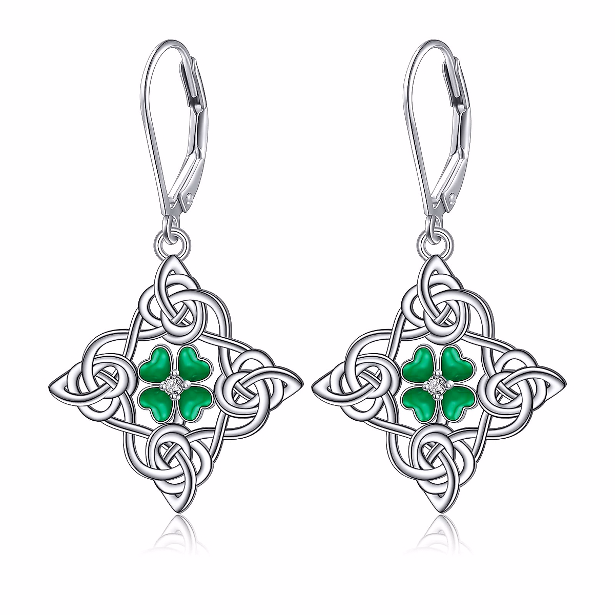 St Patrick’s Day Earrings Sterling Silver Shamrock Earrings Irish Celtic Four Leaf Clover Leverback Earring Green Jewelry Gifts