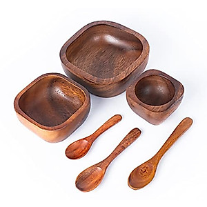 Tiny Acacia Wood Nesting Square Set 3 Serving Bowl 3¾”, 2¾”, 2⅛” Small 3 Wooden Spoon Mix size Stackable little Dish for Prep Salt Pepper Mustard Wasabi Dip sauce Salsa Nut Tableware Wooden Nest Bowl