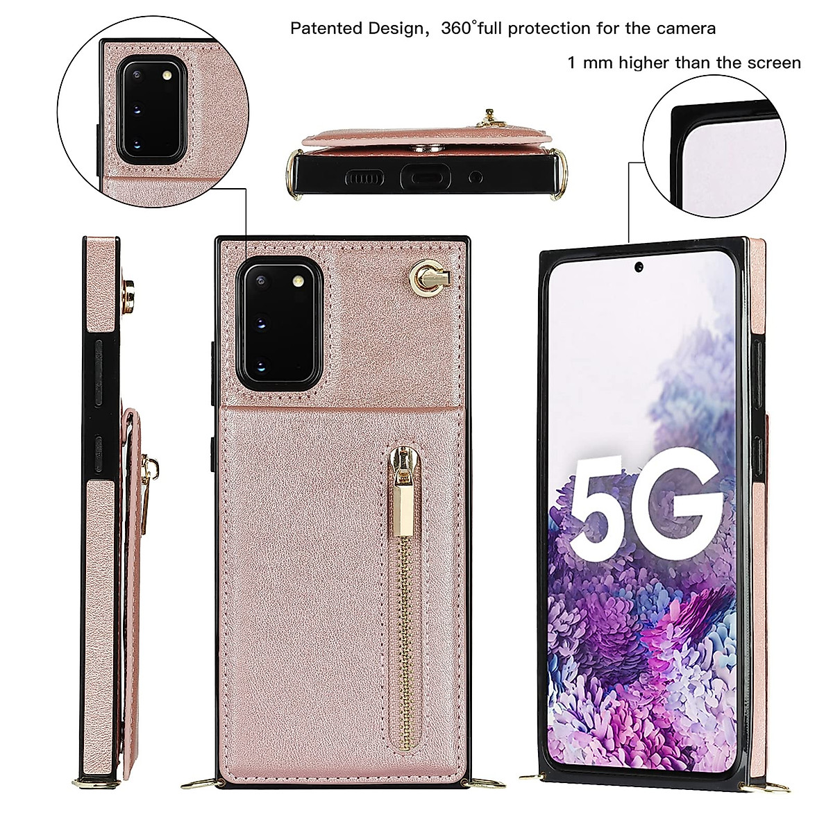Jaorty Crossbody Case for Samsung Galaxy S20 FE 5G Case with Card Holder,6.5" (NOT for S20) Galaxy S20 FE 5g Phone Case Wallet with Strap for Women, Credit Card Slots Cases Lanyard Kickstand,Rosegold