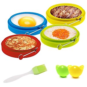 Silicone Egg Rings Round - NUIBY Non Stick Fried Egg Mold - Pancakes Maker Molds - Breakfast Egg Sandwich Cooker Maker - 4 Pack 4 Color, with Bonus 1 Spray Brush or 2 Egg Poachers or Both