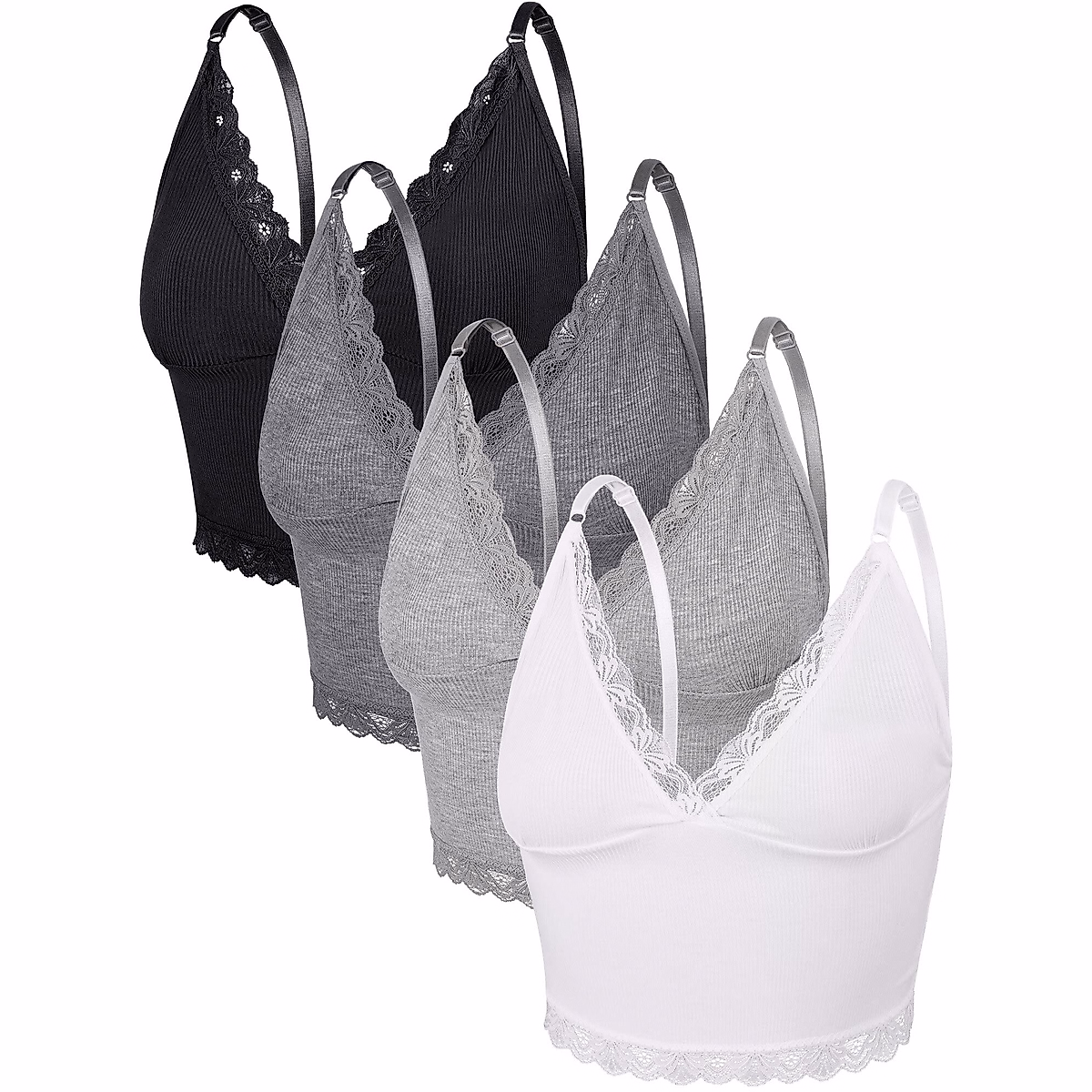 4 Pcs Women's Sleeveless Cami Crop Top Camisole Lace Trim V Neck Spaghetti Strap Tank Tops for Women Girl Ribbed Rave Clothes (Black, White, Light Gray, Dark Gray, Small)