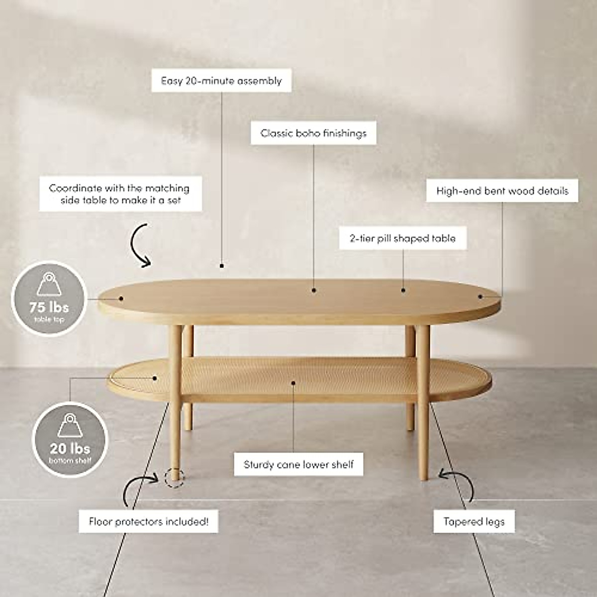 Nathan James Sonia Coffee Table with Storage Shelf, Light Wood/Rattan