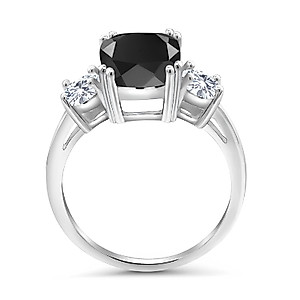 Gem Stone King 925 Sterling Silver Black Onyx and White Moissanite 3 Stone Ring For Women (3.39 Cttw, Cushion Cut 10X8MM, Round 4.5MM, Gemstone, Available In Size 5, 6, 7, 8, 9)