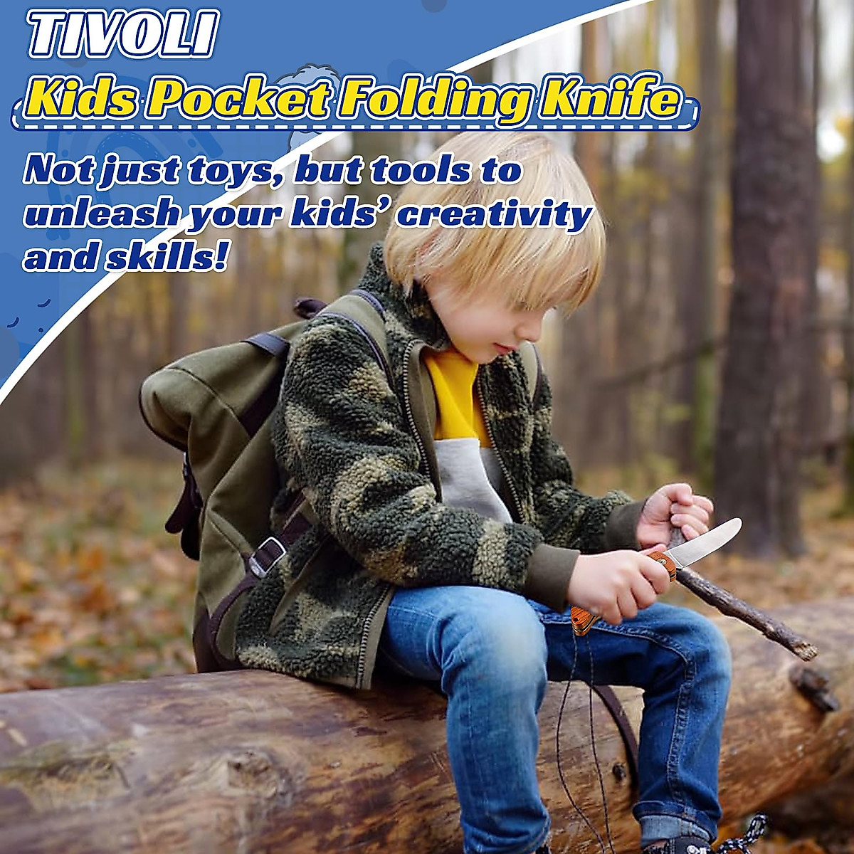 TIVOLI Kids Pocket Knife Folding Knife Safety Knife for Kids with Safe Rounded Camping Knife Designed for Children's Outdoor Camping with Hanging Holes Pocket knife for Boy’s First Knife
