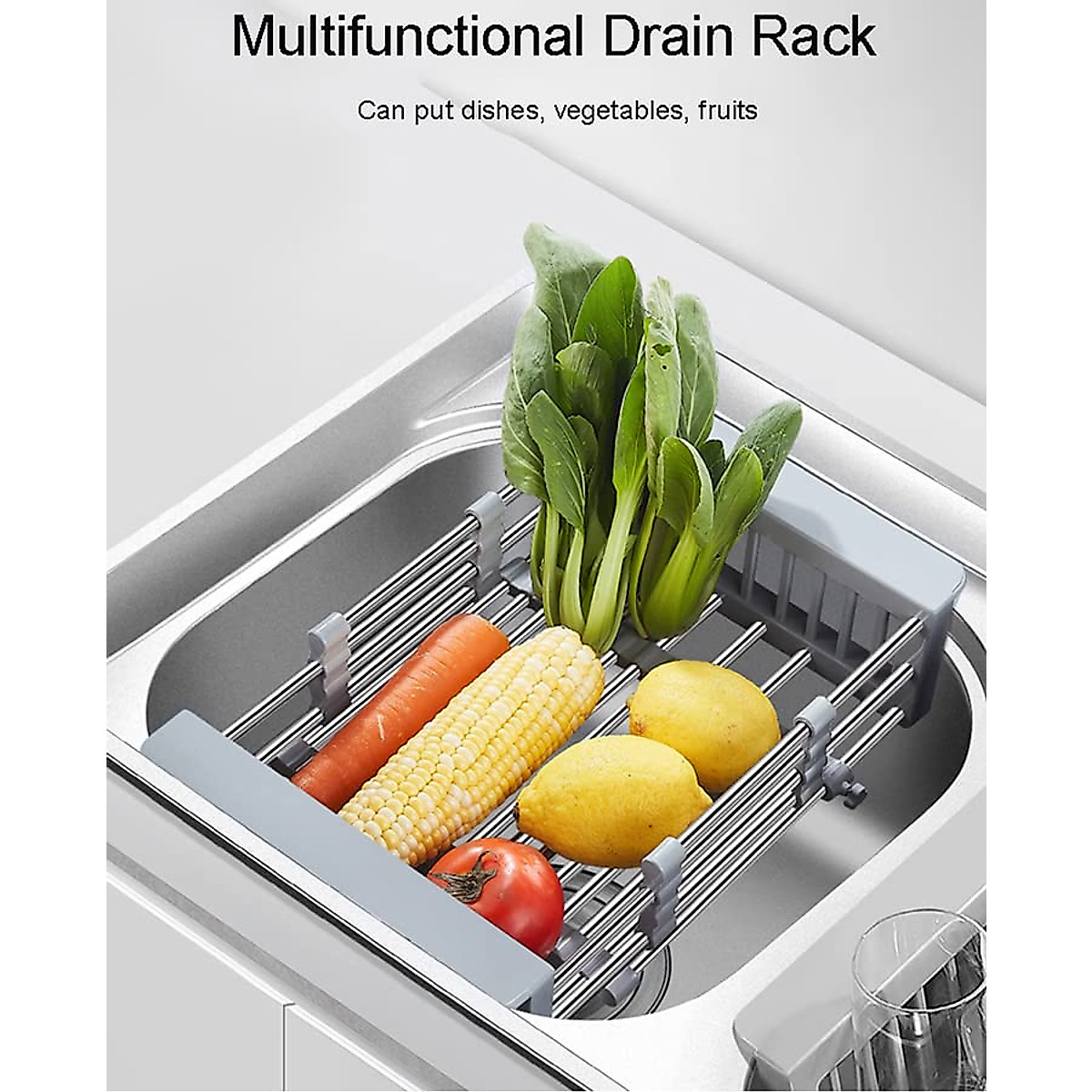 Expandable Colander Dish Drying Rack Over the Sink Drain Rack for Kitchen Sink Strainer Basket Rinse Drain Dry Vegetable Fruit Dishes Kitchen Rack