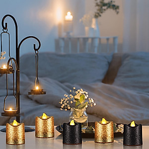 24 Packs Flameless Glitter Candles LED Votive Tealights Battery Operated Tea Lights Warm Yellow Light Holder for Anniversary Wedding New Year Christmas Centerpiece Table Outdoor Decor (Gold, Black)