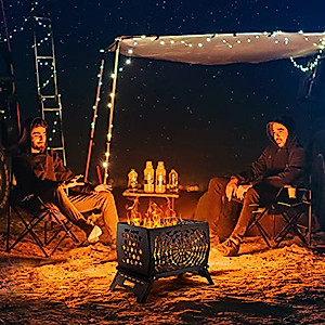 Odoland Camping Charcoal Grills, Portable Bonfire Fire Pit with Grill, Carry Bag Rectangle Cast Iron Fire Pit for Outdoor Cooking, Patio Backyard, Barbecue, Honeycomb