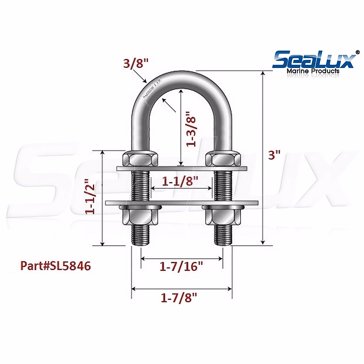 SeaLux Marine Boat Bow Eye Stern Eye U Bolt Tie Down 3/8" Stock, 3" Overall Length, 1-1/2" Thread Length with Hex Nuts and washers-SL7846
