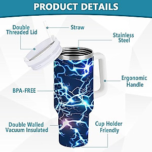 Exnundod 40 oz Tumbler with Handle Abstract Blue Lightning Insulated Stainless Steel Cup with Lid and Straw Travel Cup Leak-proof Fits in Car Cup Holder for Iced & Hot