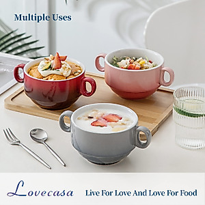 LOVECASA 13 OZ Soup Bowls with Handles Set of 6 Bundle 7.4" Extra Large Ceramic Utensil Holder, Blue