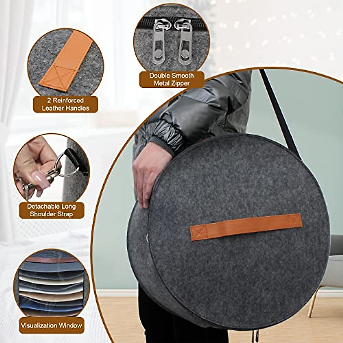 Large Hat Storage Box with Lids, Foldable Felt Round Hat Storage Box with Handle Travel Case Clothes Storage Bin for Women&Men, Cowboy Hat Organizer Stuffed Animal Toy Clothes, Grey 17.7" x 11.8"