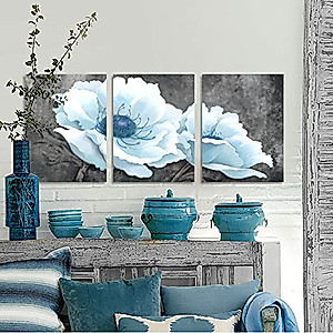 Canvas Wall Art for Bedroom Living Room Blue White Flowers Gray Background Picture Prints Framed Wall Decor Artwork Modern Bathroom Office Wall Decorations Size 12x16 in x3 Piece Ready to Hang