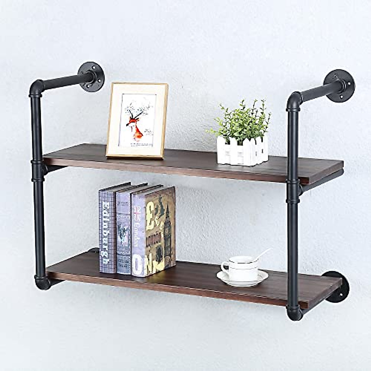 JIANZHUO Industrial Pipe Shelving Floating Shelves,Rustic Wall Shelf Wood Hanging Shelf, Pipe Shelves Wall Mounted,Bookshelves Shelving Bookshelf (2 Tier,30in)