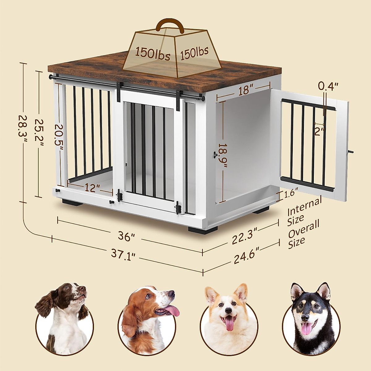 Zakkart Dog Crate Furniture for Large Dogs Up to 60 lbs. - Barn Door Puppy Kennel w/Thickened Farmhouse Top & Metal Bars - 37'' Wide - White Decorative Modern Dog Crate Table, End Table, Nightstand