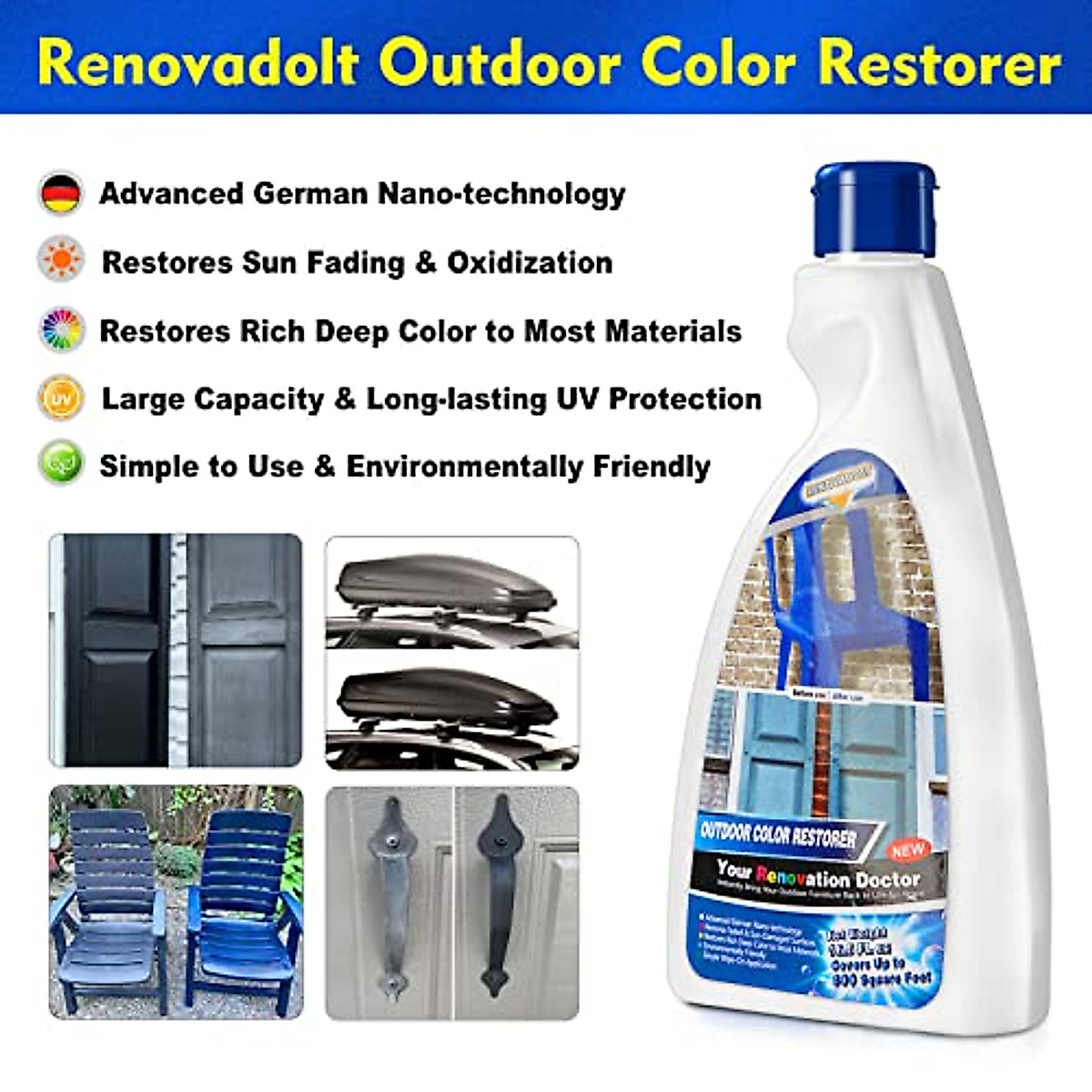 RENOVADOLT Outdoor Color Restorer 16.5oz Plastic Vinyl Shutter Restorer Faded Sun-Damaged and Oxidized Possessions and Protects from Future Wear