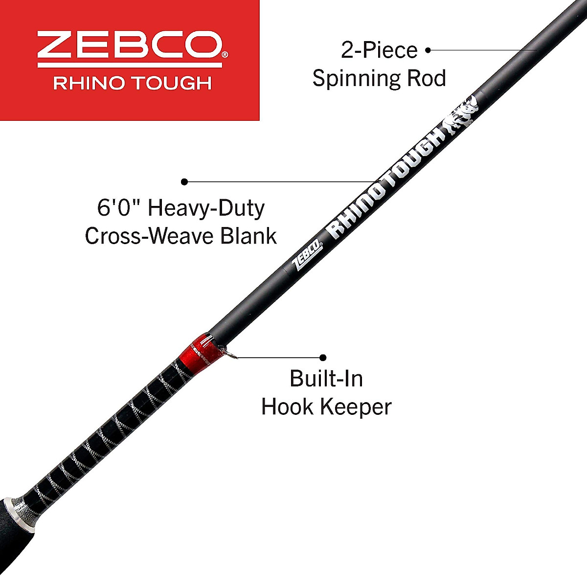 Zebco Rhino Tough Spinning Fishing Rod, 6-Foot 2-Piece Heavy-Duty Cross-Weave Fishing Pole, Comfortable EVA Rod Handle, Heavy-Duty Guides, Stainless Steel D-Frame Tip Guide, Medium-Light Power, Black