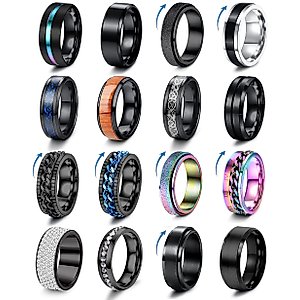 Besteel 16Pcs Stainless Steel Band Rings for Men Women Fidget Anxiety Relief Rings Cool Chain Beveled Edges Celtic Black Band Spinner Rings Set for Wedding Promise Mens Rings Pack