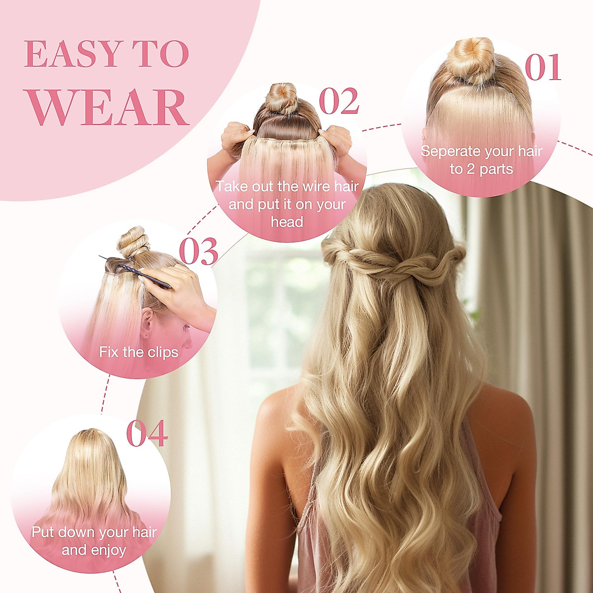 GOO GOO Wire Hair Extensions Human Hair, 16/22 Light Blondewith mix Golden Blonde Highlighted 14inch 75g, Invisible Wire Hair Extensions with Transparent, Seamless Fish Line Hairpiece