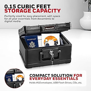 Honeywell Safes & Door Locks - Small Safe Box Chest for Home - Fireproof Safe Holds #10 Envelopes, USB Flash - Strong ABS Plastic - Document, Money Safe with Key Lock System - 0.15 CU, Black - 1101