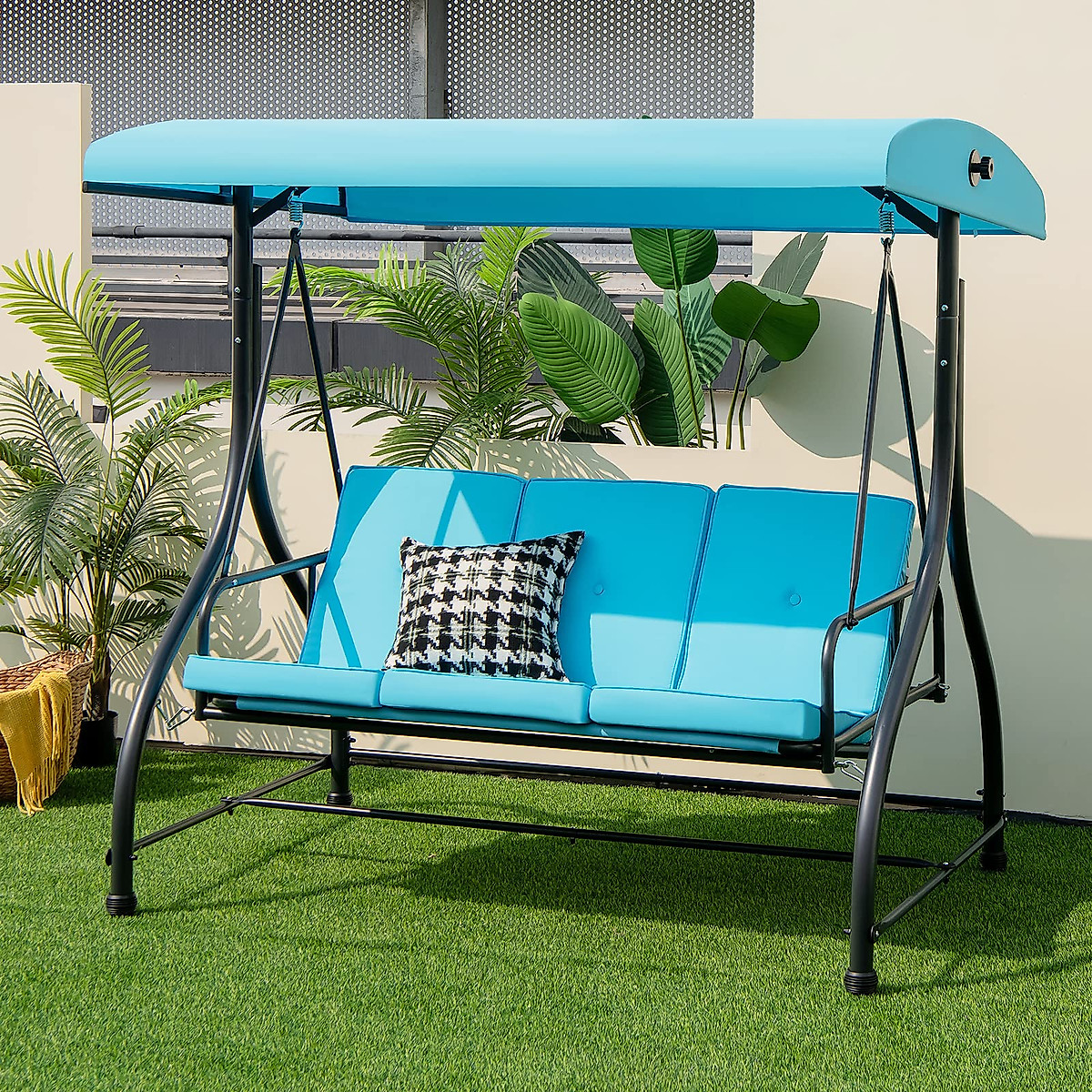Tangkula 3 Person Porch Swing, 2-in-1 Convertible Patio Swing Bed with Removable Cushions, Solid Steel Structure, Outdoor Swing with Adjustable Canopy for Backyard, Balcony, Poolside (Turquoise)