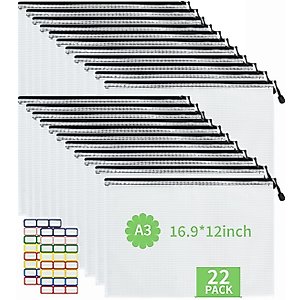 Vuzvuv 22Pcs A3 Size-16.9"x 12" Large Mesh Zipper Pouch with Label Sticker, Plastic Document Mesh Bag for File Board Game School Office Home Travel Storage（43cm30cm）