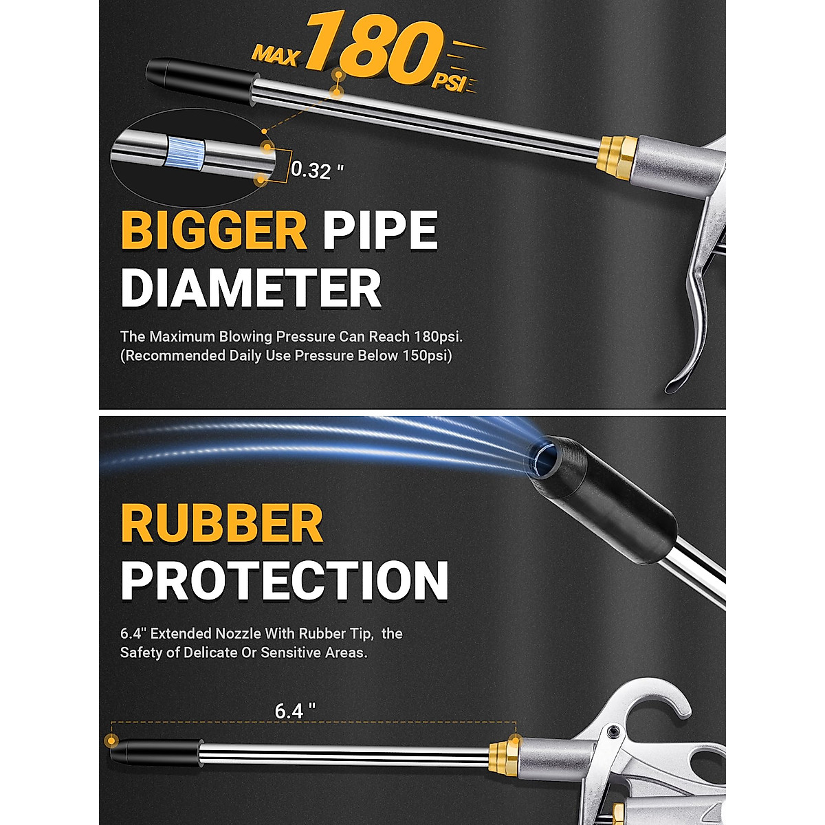 Heavy Duty Air Blow Gun Air Nozzle Blow Gun, Air Blower for Compressor with Bigger Pipe & Extended Nozzle, Pneumatic Air Compressor Accessories Tool for Car Detailing/Industrial Household Cleaning