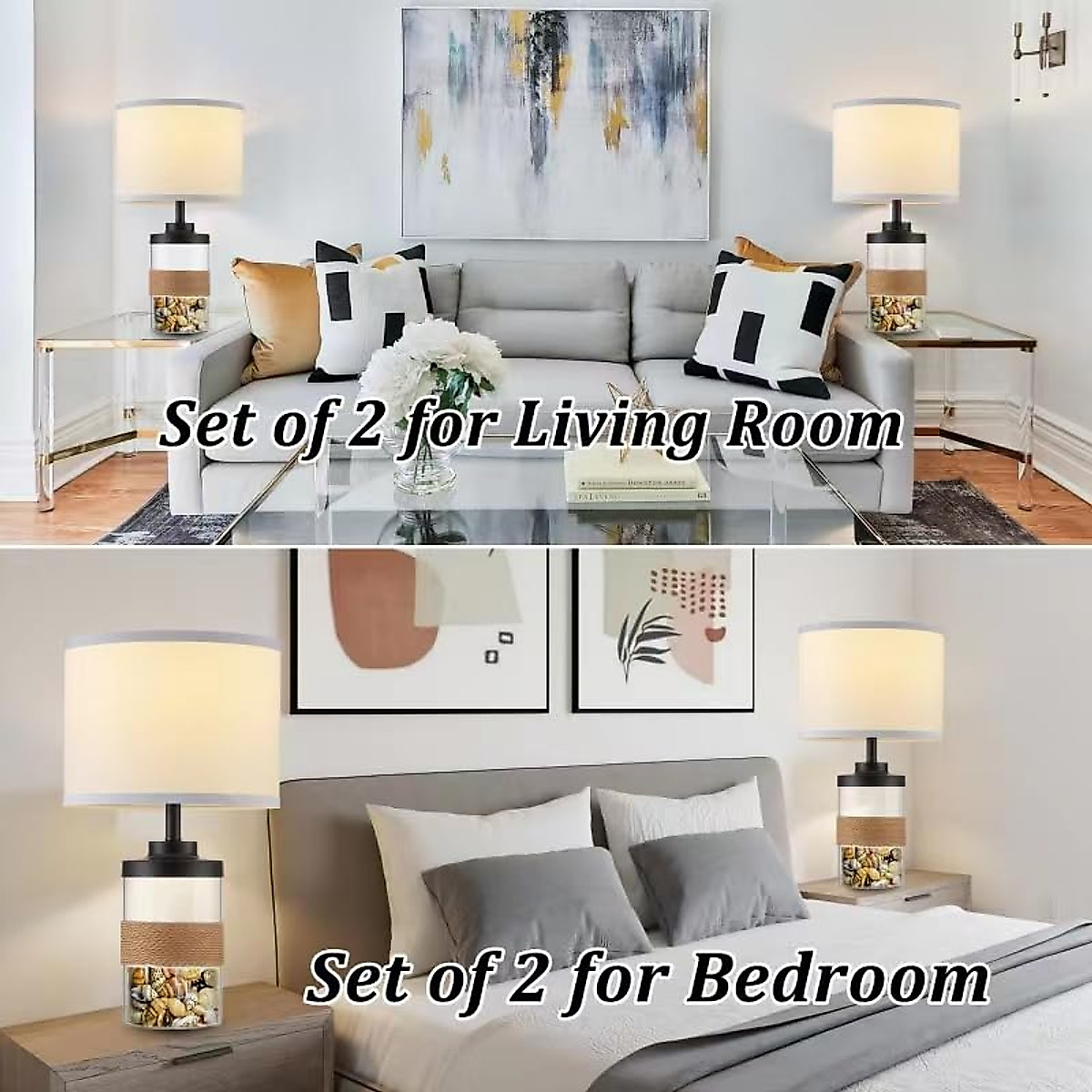 Sheetea Glass Table Lamps for Bedroom Set of 2, Fillable Modern Rattan Lamps for Living Room with White Lampshades, Coastal Bedside Nightstand Lamps for Reading Home Decor(Shell not Included)