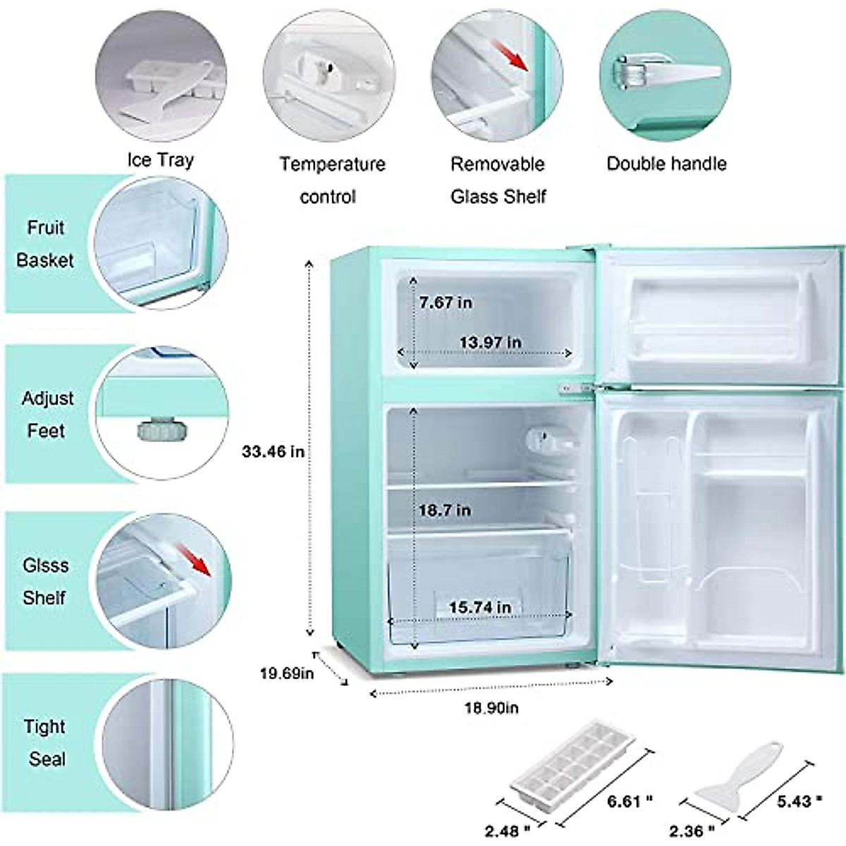 Antarctic Star Compact Mini Refrigerator Separate Freezer, Small Fridge Double 2-Door Adjustable Removable Retro Stainless Steel Shelves Garage Camper Basement/Dorm/Office 3.2 cu ft.Green