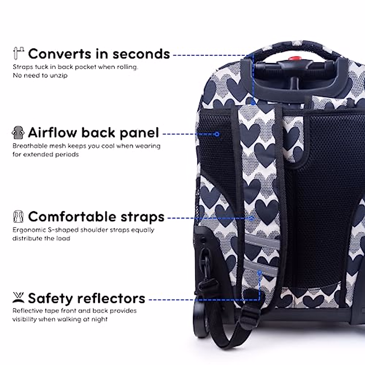 J World Sunrise Rolling Backpack. Roller Bag with Wheels, Heart Dot