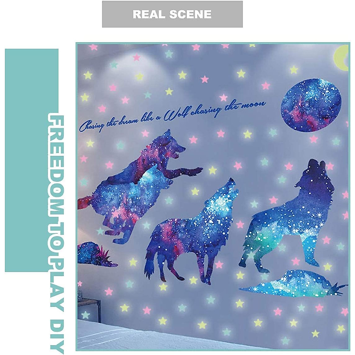 Starry Sky Galaxy Wolf Room Decor Wall Decal and Glow Moon Star Stickers RUIPBOTE Teen Bedroom Wall Decor Murals