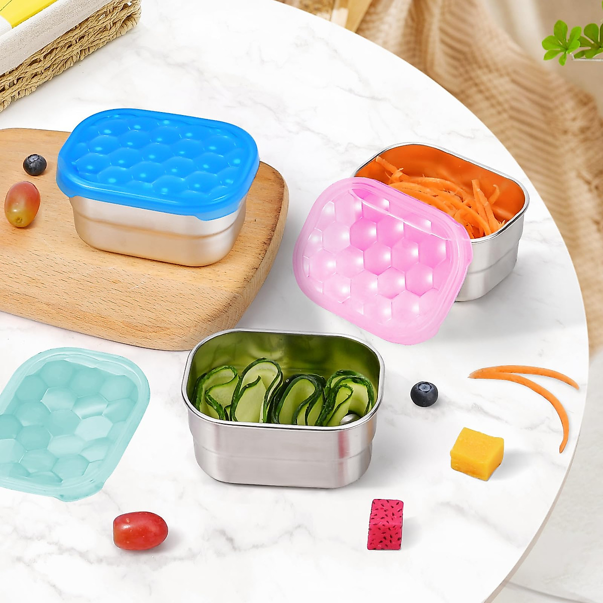 Tanjiae Kids Snack Pro - Stainless Steel Snack Containers for Kids | Easy Open Leak Proof Small Food Containers with Silicone Lids - Perfect Metal Toddler Lunch Box for Daycare and School (8oz*3)