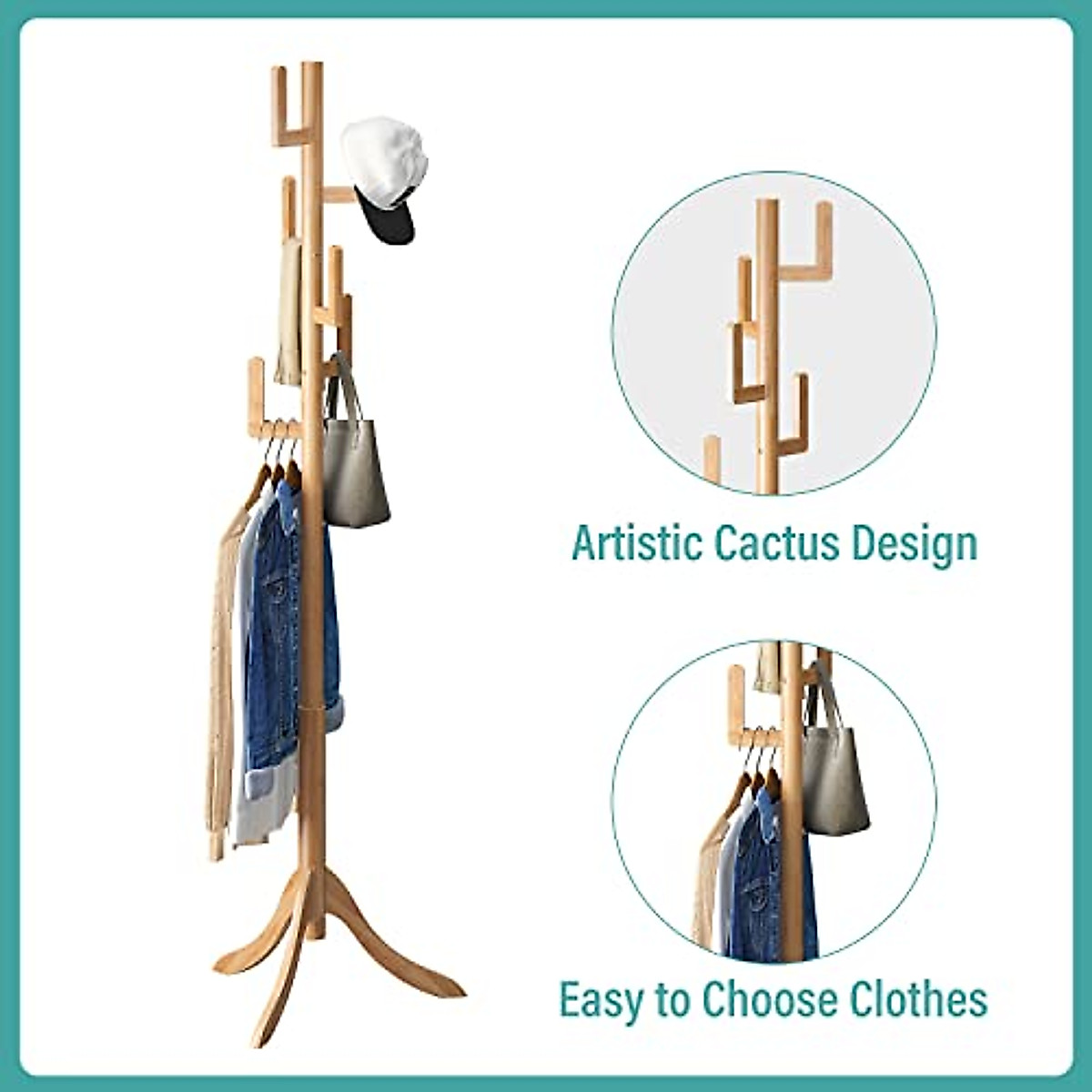 Vriccc Coat Rack Freestanding, Bamboo Cactus Coat Tree, Adjustable Height Wooden Coat Stand with 6 Hooks, kids coat rack, Used In The Bedroom Living Room, Office To Hang Clothes, Hats, Bags