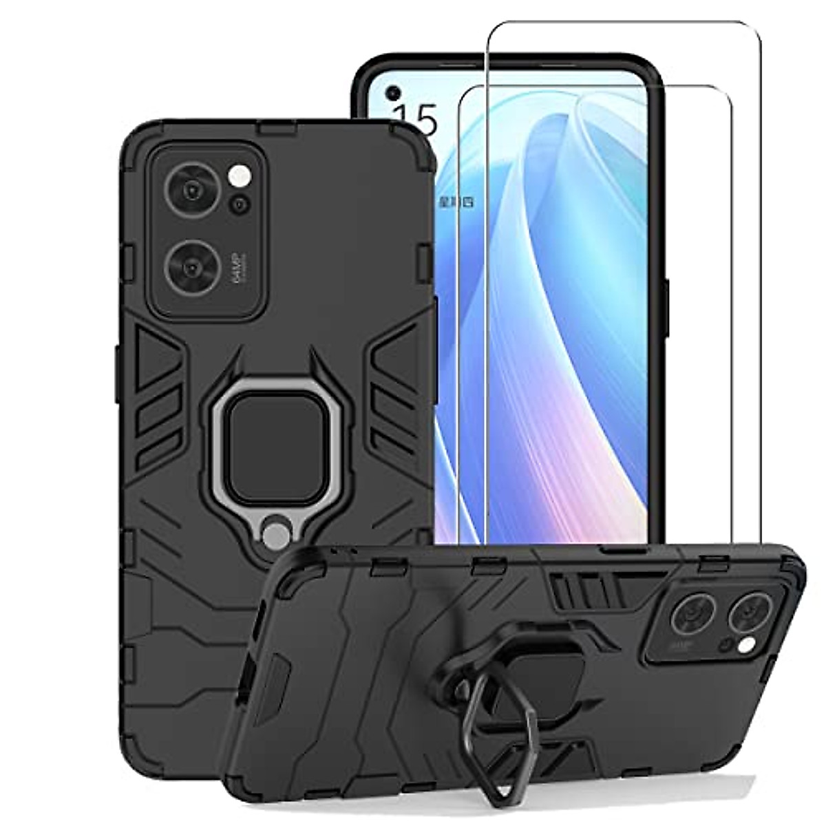 ZMONE Phone Case for Oppo Reno 7 5G Case with Glass Screen Protector [2 Pack] Heavy Duty Dual Layer Military Grade Shockproof Protective Cover with Magnetic Ring Kickstand - Black