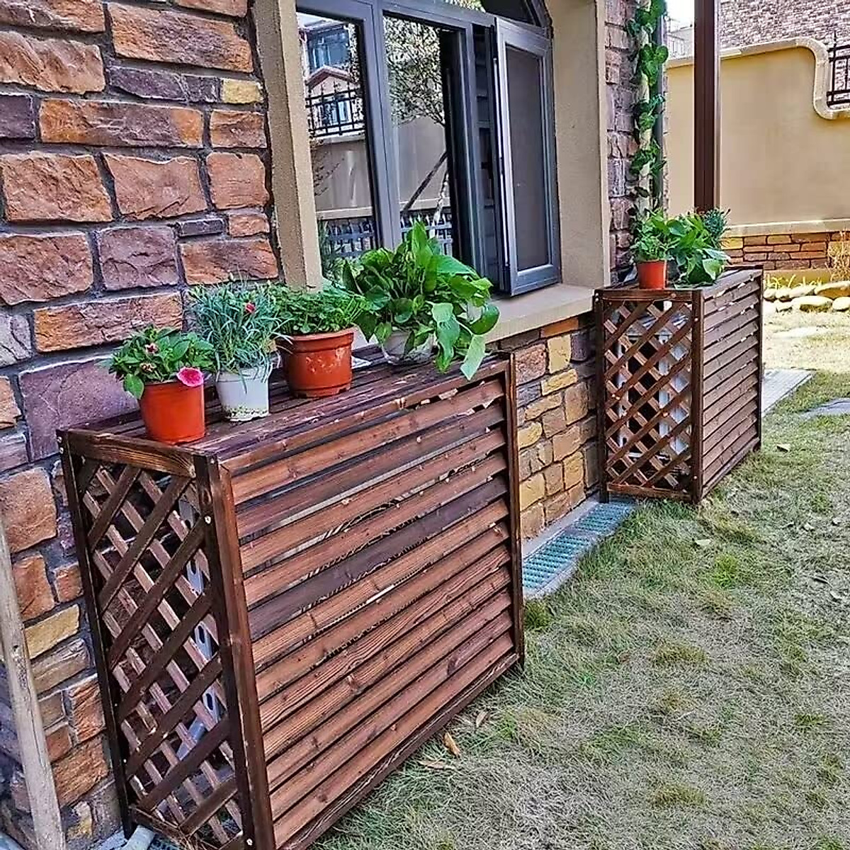 YPINKZ Wooden Air Conditioner Hider Fencing,Wood Air Conditione Flower Stand,Wood Air Conditioning Privacy Screen,Brown,100x43x94cm,110x50x105cm (Size : 85x35x75cm(33.5x14x29.5in))