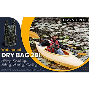DAWN UPON Floating Dry Backpack – 20L Capacity – 2 Padded Straps! – 100% Waterproof Bag – Keeps Gear Dry – Perfect for Water Sports: Kayaking, Canoeing, Paddle-Boarding, Rafting & Boating- Camo Blue