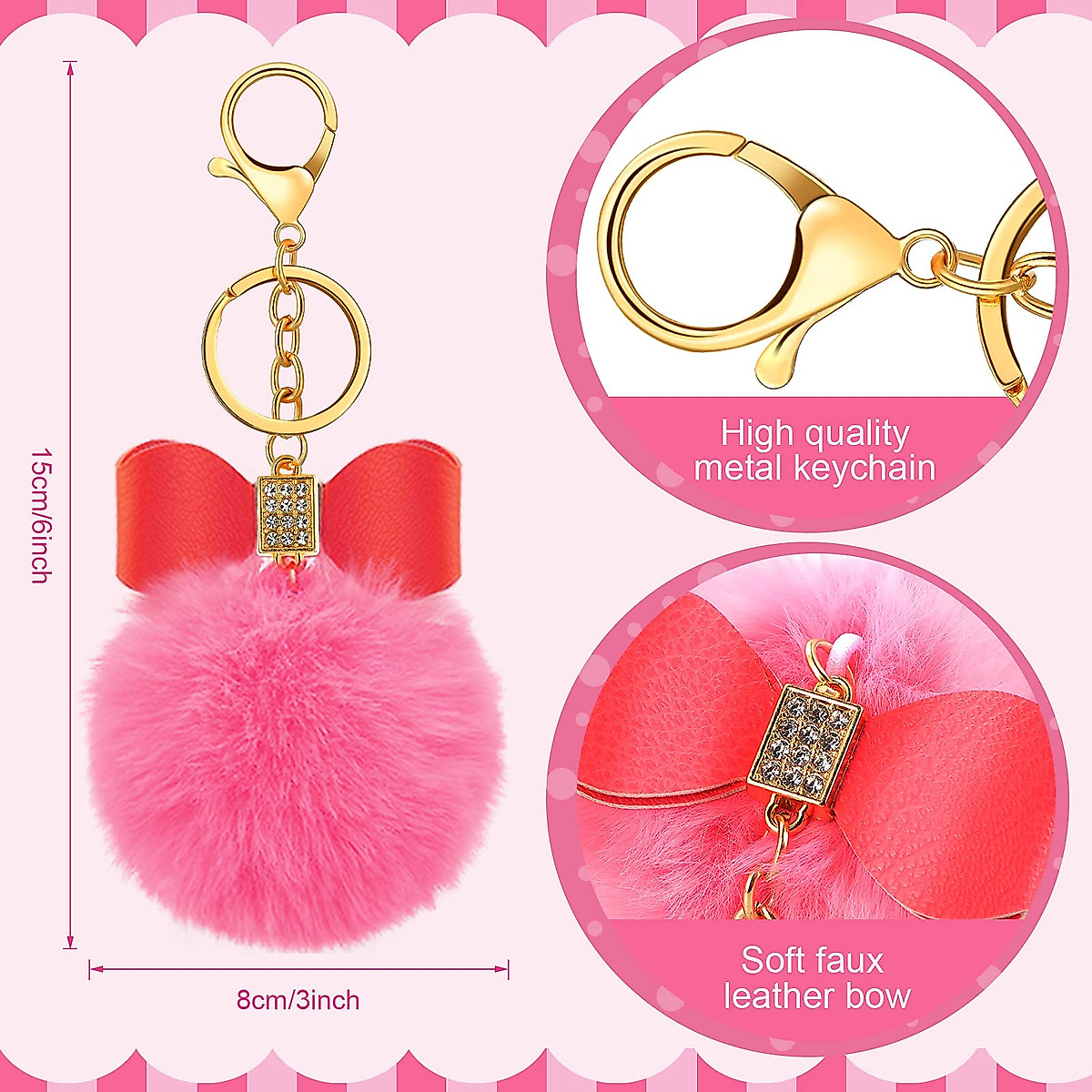 Hicarer 12 Pieces Fluffy Pom Pom Keychain Bulk Bow Rhinestone Faux Pompoms Keyring for Women Bags Craft, 12 Colors(Chic Colors)