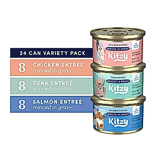 Amazon Brand - Kitzy Wet Cat Food, Variety Pack (Chicken,Tuna & Salmon), Poultry & Seafood cuts in Gravy, Grain Free, 3 Oz (24 pack)