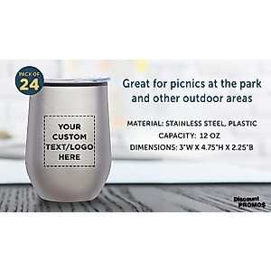 Custom Stemless Wine Tumblers 12 oz. Set of 24, Personalized Bulk Pack - Insulated, Perfect for Wine, Cocktails, Other Hot & Cold Beverages - Silver