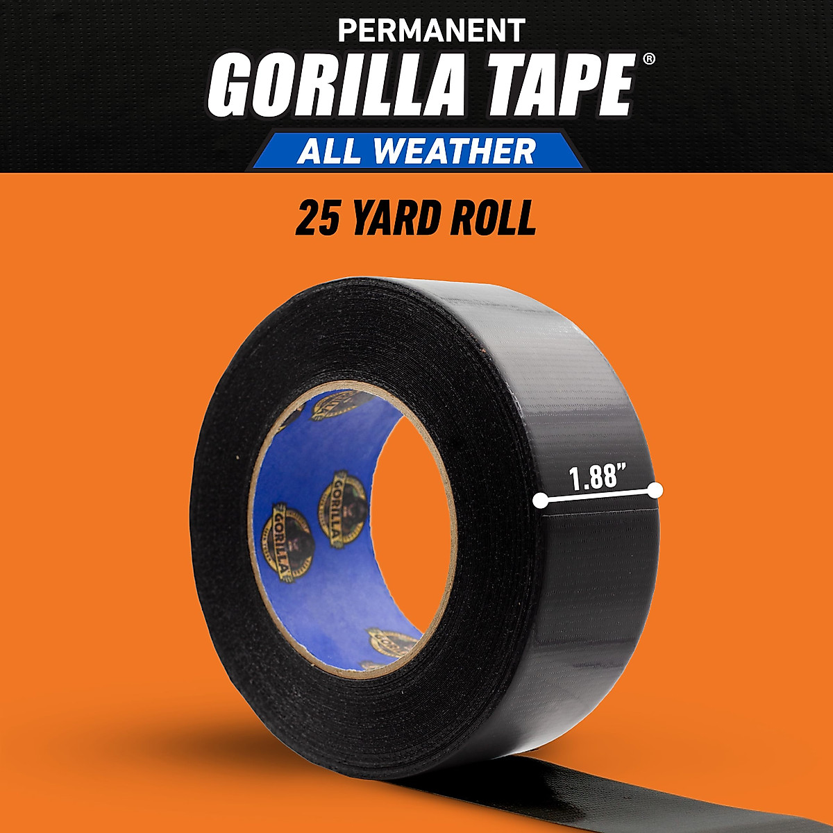 Gorilla All Weather Outdoor Waterproof Duct Tape, UV and Temperature Resistant, 1.88" x 25 yd, Black, (Pack of 1)