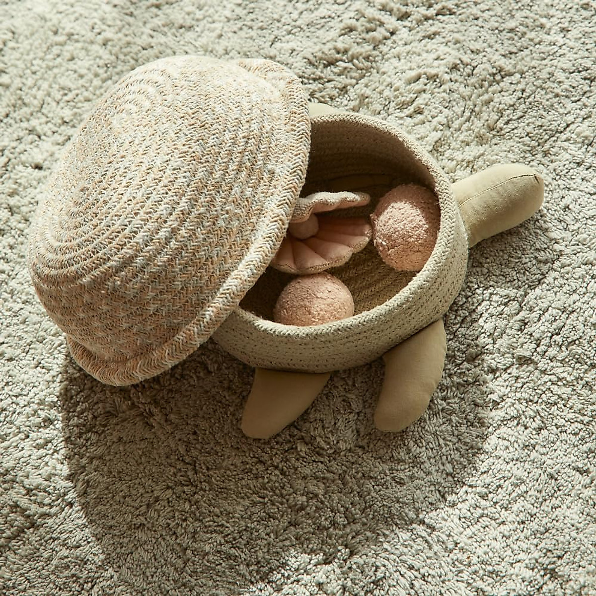 Lorena Canals Basket for Kids Baby Turtle. Olive Ivory Natural Size: 4" x 10" x 9"