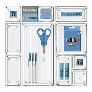 10 Pcs Clear Plastic Drawer Organizers Trays with Non-Slip Silicone Pads, Desk Versatile Kitchen Drawer Organizer Bins Tray for Makeup Bedroom Office, Bathroom Countertop Organizer for Cosmetics