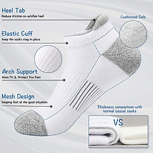 Ankle Socks for Women White Running Socks, Cushioned Athletic Low Cut No Show Compression Socks Womens Liner Footies for Sneakers 6 Pairs Size 9-11